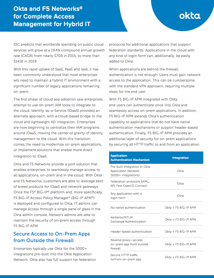 Okta and F5 Networks® for Complete Access Management for Hybrid IT | Okta